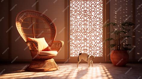 아랍어이슬람 스타일 인테리어그림자3d 렌더링이 있는 창의 등나무 의자 테이블 및 아랍어 패턴 프리미엄 사진