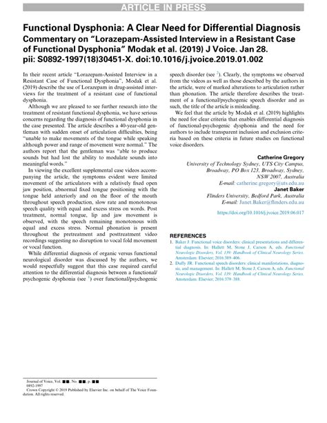 Pdf Functional Dysphonia A Clear Need For Differential Diagnosis