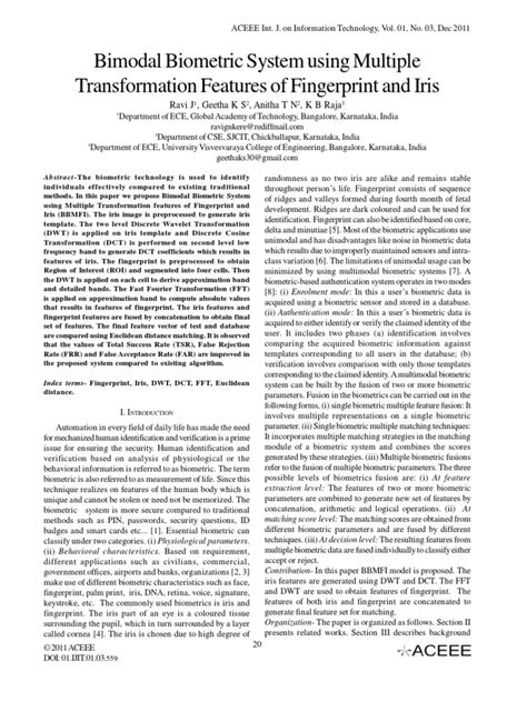 Bimodal Biometric System Using Multiple Transformation Features Of Fingerprint And Iris Pdf