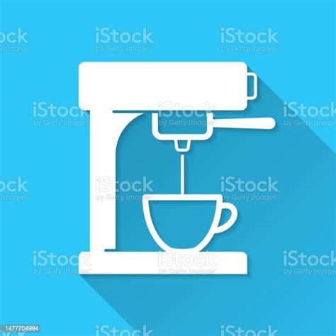 커피 머신 파란색 배경에 아이콘 긴 그림자가 있는 평면 디자인 3차원 형태에 대한 스톡 벡터 아트 및 기타 이미지 3차원 형태 가정 생활 개념 Istock