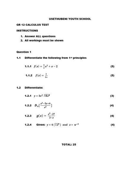 Grade 12 Calculus Test Questions Pdf