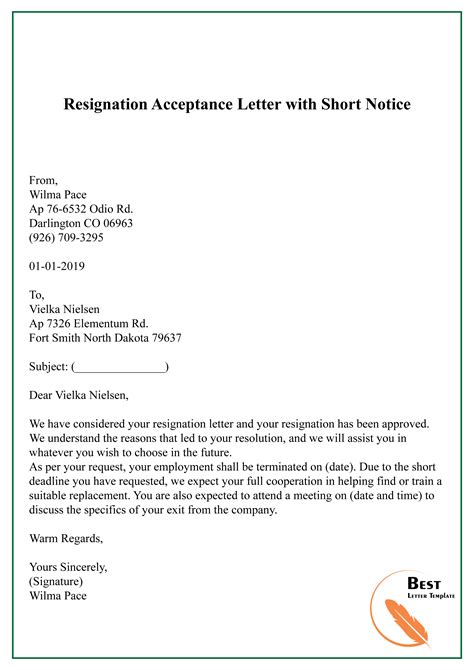 Acceptance Of Resignation Letter Resignation Letter Sample