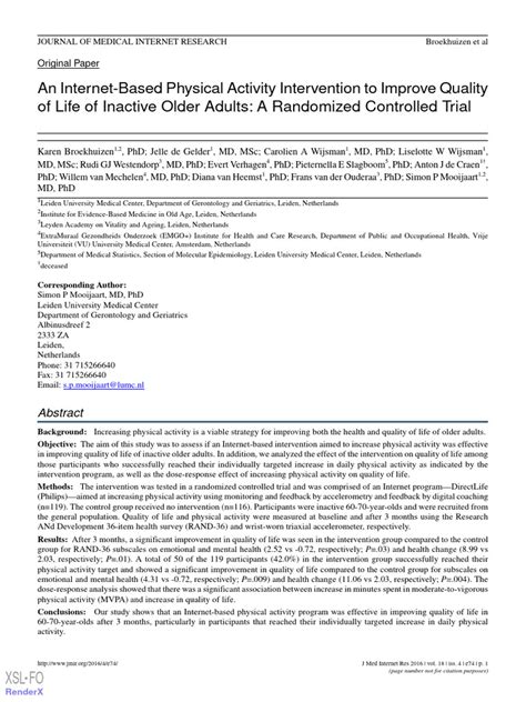 an internet based physical activity intervention to improve quality