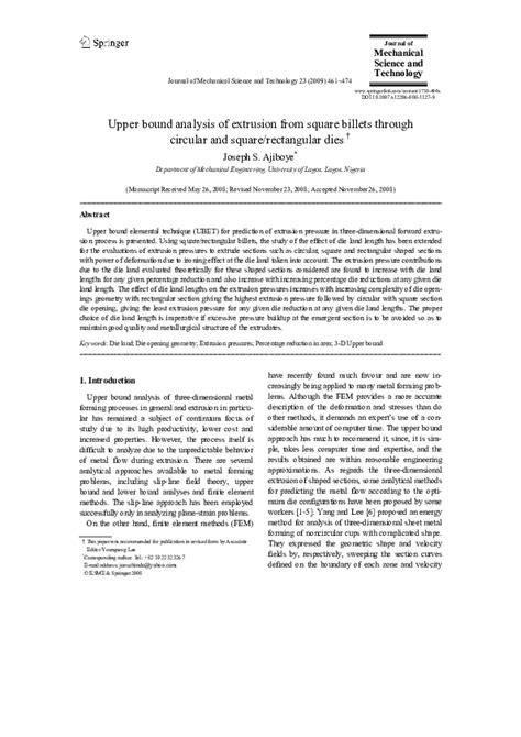 Pdf Upper Bound Analysis Of Extrusion From Square Billets Through Circular And Square