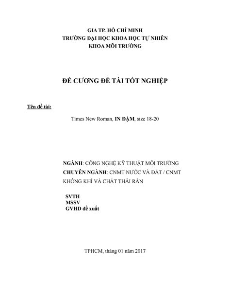 Mẫu đề cương khoá luận GIA TP HỒ CHÍ MINH TRƯỜNG ĐẠI HỌC KHOA HỌC TỰ NHIÊN KHOA MÔI TRƯỜNG ĐỀ