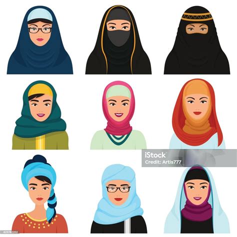 중동 여성 아바타 설정합니다 아라비아 이슬람 여성 전통 Hijab 얼굴 컬렉션입니다 아바타에 대한 스톡 벡터 아트 및 기타 이미지 아바타 이슬람교 다민족 그룹