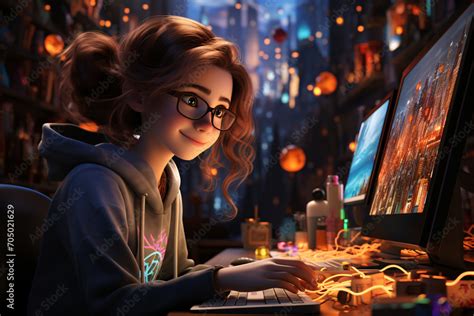 Web Developer Pixar Style Render Girl Character Illustration Of All The