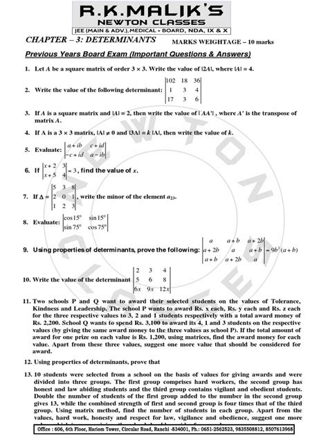 Maths Notes Xii Determinants Board Exam Imp Question Pdf