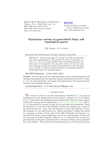 Pdf Separation Axioms In Generalized Fuzzy Soft Topological Spaces