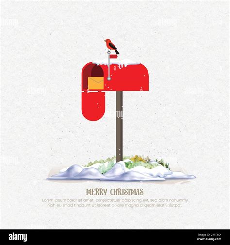 Red Mailbox Christmas Card Illustration With Winter Bird Stock Vector