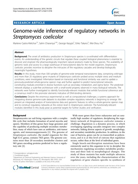 Pdf Genome Wide Inference Of Regulatory Networks In Streptomyces
