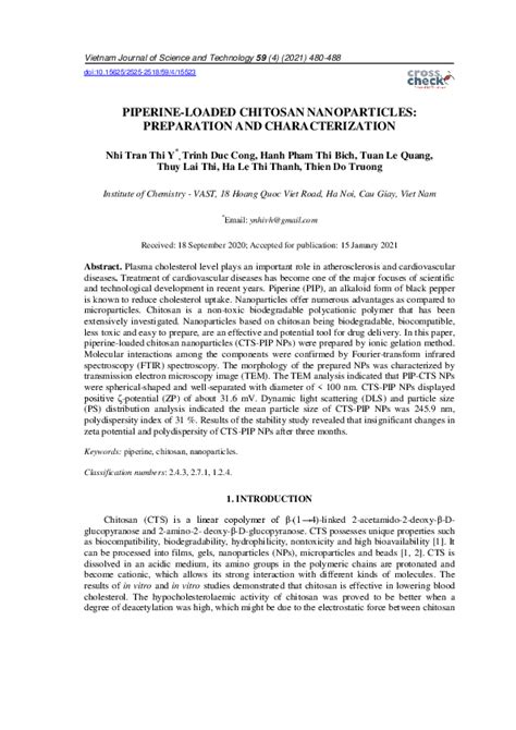 Pdf Piperine Loaded Chitosan Nanoparticles Preparation And Characterization