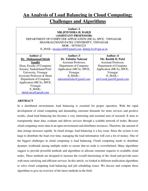 PDF AN ANALYSIS OF LOAD BALANCING IN CLOUD COMPUTING CHALLENGES AND ALGORITHMS