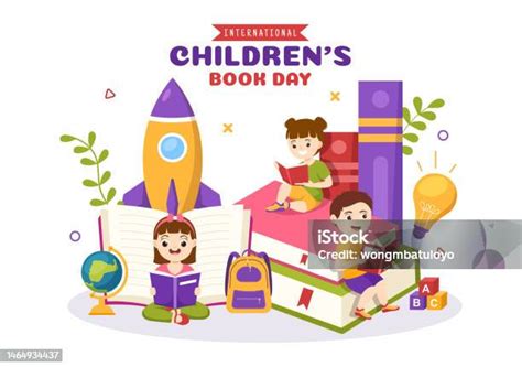 4월 2일 국제 아동 도서의 날 랜딩 페이지 템플릿을 위해 손으로 그린 평평한 만화로 책을 읽거나 쓰는 아이들과 함께 그림 4월에 대한 스톡 벡터 아트 및 기타 이미지
