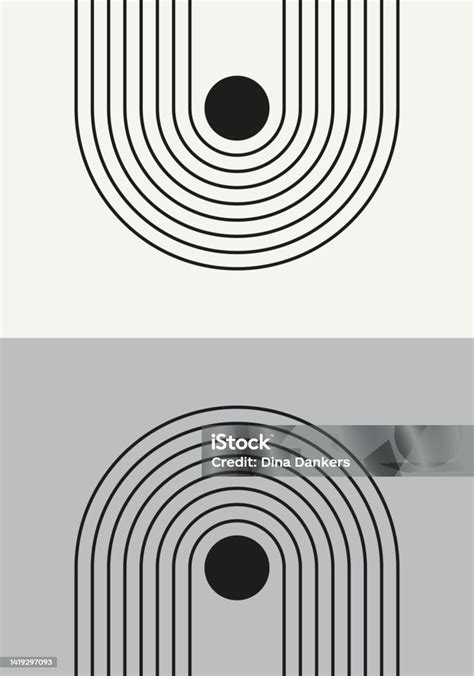 추상적인 기하학적 미니멀리스트 작품 중반 세기 현대와 바우 하우스 는 아치와 원으로 복고풍 포스터에 영감을 불어 넣었습니다 간단한 모양의 현대적인 트렌디 한 벽 예술 검은