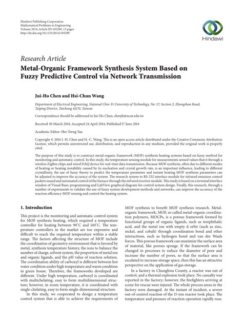 Pdf Metal Organic Framework Synthesis System Based On Fuzzy