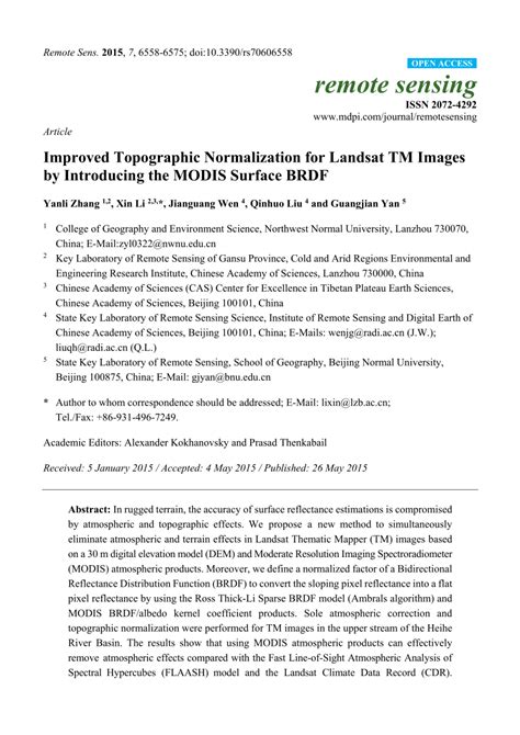 Pdf Improved Topographic Normalization For Landsat Tm Images By Introducing The Modis Surface Brdf
