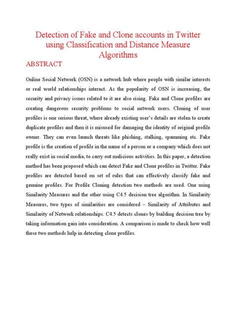Detection Of Fake And Clone Accounts In Twitter Using Classification And Distance Measure