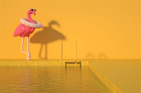 풍선 플라밍고와 수영장 노란색 배경에 여름 휴가 여행 개념 0명에 대한 스톡 사진 및 기타 이미지 0명 3차원 형태 계절 Istock