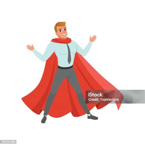성공적인 비즈니스 남자 팔 벌리고 서입니다 셔츠 바지와 클래식 레드 슈퍼 히어로 케이프에서 남성 캐릭터를 만화 경력 전진입니다
