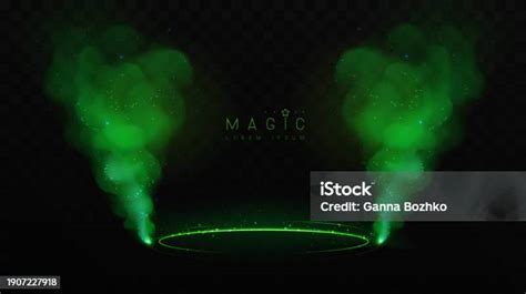 3d 연단과 녹색 안개 또는 증기가 있는 마법의 쇼케이스 배경 빛나는 반짝이는 흔적 벡터 일러스트 레이 션 무대에 대한 스톡