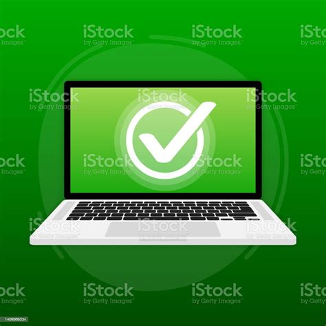 승인된 체크아웃 된 노트북 성공적인 작동 확인 표시 체크표시 알림이 있는 노트북 Brand Name Smart Phone에 대한 스톡 벡터 아트 및 기타 이미지