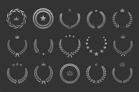 실버 월계관 수상자 수상 세트 벡터 일러스트 레이 션 올리브 잎 또는 승리의 별의 은빛 가지 상징 승리 엠블럼 장식 디자인 검은 배경에 고립 된 챔피언 상 월계관에 대한