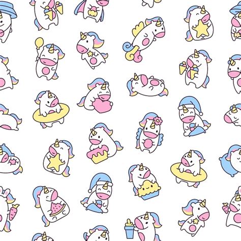 귀여운 카와이 행복한 유니콘 무 없는 패턴 프리미엄 벡터