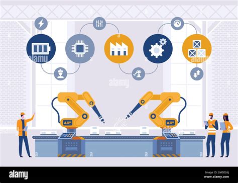 Robot Arms Machine In Intelligent Factory Industrial On Monitoring System Software Production