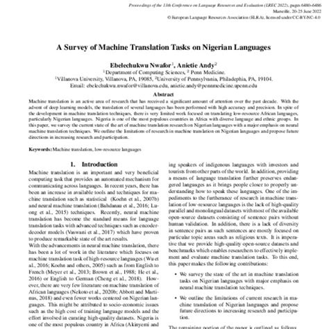 A Survey Of Machine Translation Tasks On Nigerian Languages Acl Anthology