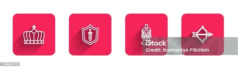 세트 라인 왕관 칼 철 헬멧 긴 그림자가 있는 활과 화살이 있는 중세 방패 빨간색 사각형 버튼입니다 벡터 고대의에 대한 스톡 벡터 아트 및 기타 이미지 Istock