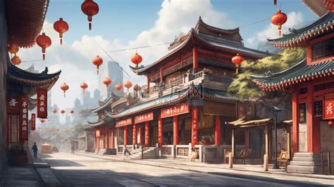 中国风中式古典建筑繁华街道插画图片 千库网