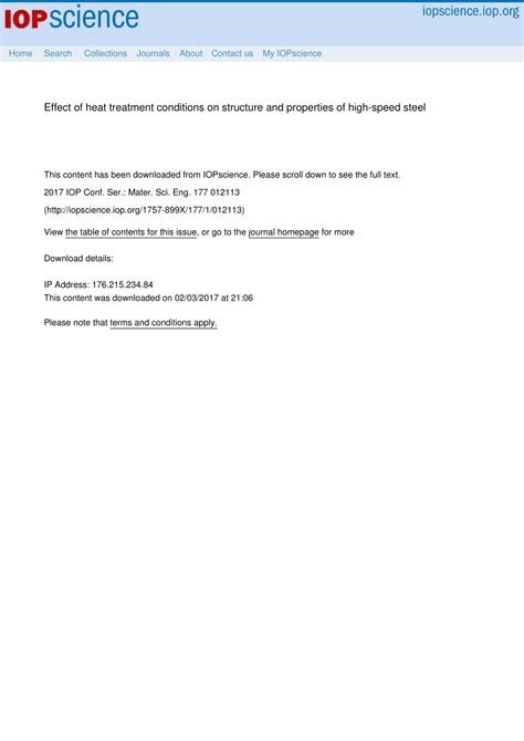 Pdf Effect Of Heat Treatment Conditions On Structure And Properties Of High Speed Steel