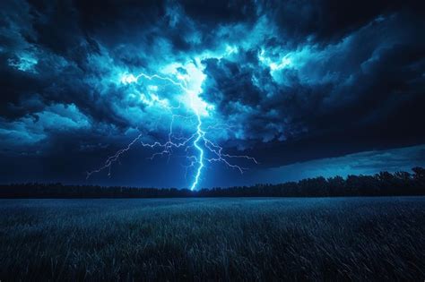 Bright Lightning Bolt Strikes Under Massive Dark Blue Storm Clouds Over