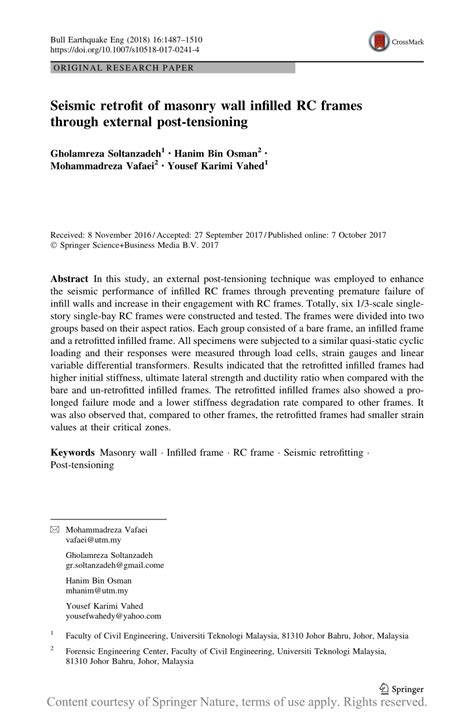 Seismic Retrofit Of Masonry Wall Infilled Rc Frames Through External Post Tensioning Request Pdf