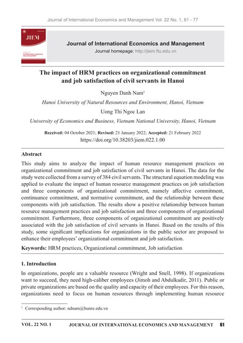 Pdf The Impact Of Hrm Practices On Organizational Commitment And Job Satisfaction Of Civil
