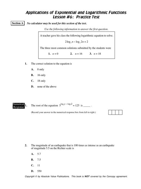 03 Applications Of Exponentials And Logs Practice Test Pdf Logarithm Ph