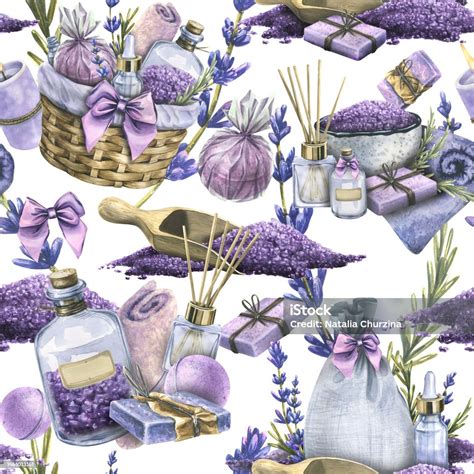 Spa 목욕 리셉션 화장품을위한 수제 물건 컬렉션의 수채화 삽화 라벤더 스파 직물 섬유 광고 장식 인쇄물 포장지 살롱 메뉴 에센셜 오일에 대한 스톡 벡터 아트 및 기타