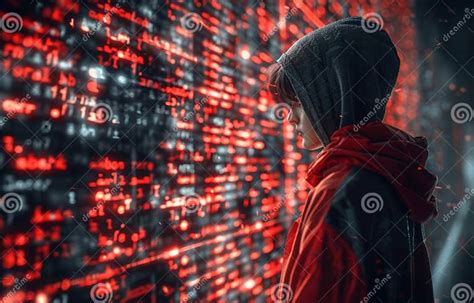 Cybersecurity Concept With Hacker In Hoodie Analyzing Digital Code On