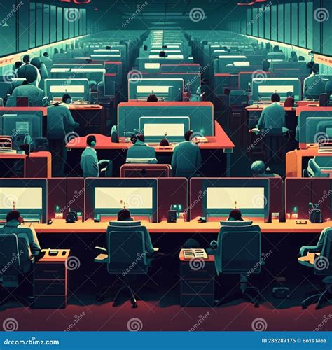 Computer Room With Rows Of Computers 3d Render 3d Illustration Stock Illustration