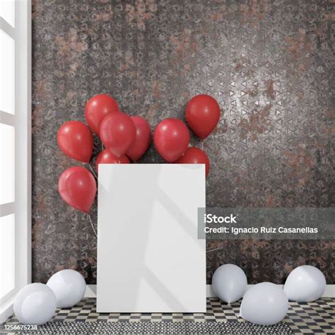 일광 방에 풍선이있는 캔버스 3d 렌더링 모형 3d 일러스트레이션 파티 컨셉 가정의 방에 대한 스톡 사진 및 기타 이미지 가정의 방 개념 기념일 Istock