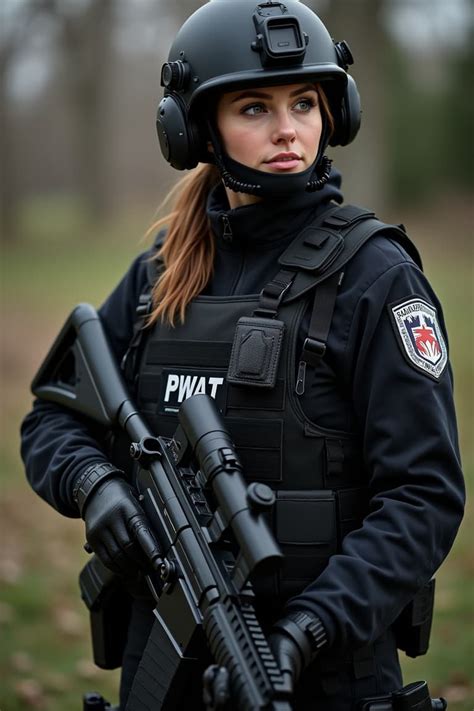 Woman As A Swat Officer Wearing Black Swat Vest Swat Helmet Holding
