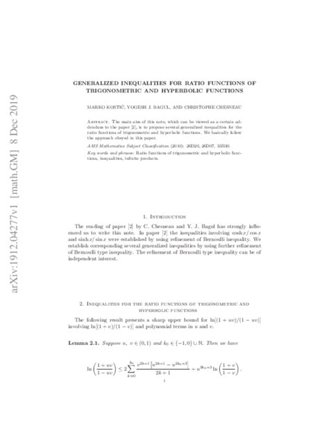 Pdf Generalized Inequalities For Ratio Functions Of Trigonometric And Hyperbolic Functions