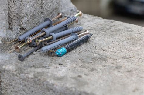 Different Types And Sizes Of Fasteners On The Concrete Wall Stock Photo Image Of Robust Array