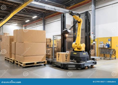 materials handling robot loading box onto pallet with view of busy