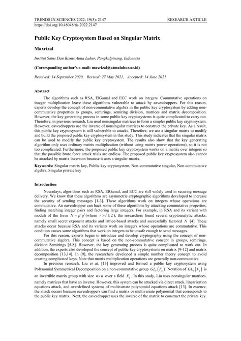 Pdf Public Key Cryptosystem Based On Singular Matrix