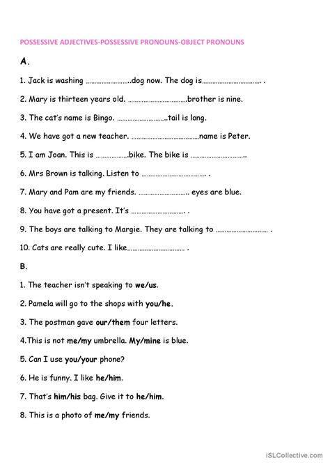 POSSESSIVE ADJECTIVES PRONOUNS OBJEC Español ELE hojas de trabajo pdf doc