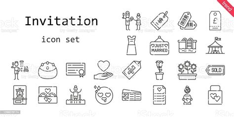 초대 아이콘 집합입니다 라인 아이콘 스타일입니다 사랑 드레스 샤워 꽃 결혼 반지 결혼 결혼 선물 비행기 티켓 아버지 수영장 태그 결혼 계획 저축 사랑에 초대 관련 아이콘