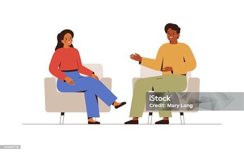 남자와 여자는 소파에 앉아서 무언가에 대해 이야기합니다 게스트 스토리 텔링을 듣는 여성 호스트 심리 치료사는 환자와 세션을 갖습니다 벡터 토론에 대한 스톡 벡터 아트 및