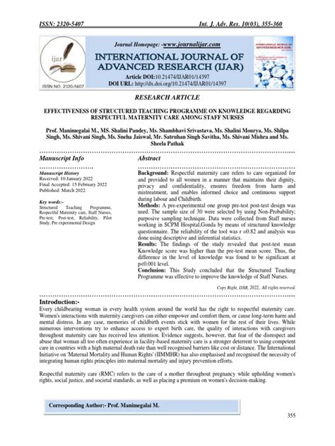 Effectiveness Of Structured Teaching Programme On Knowledge Regarding Respectful Maternity Care
